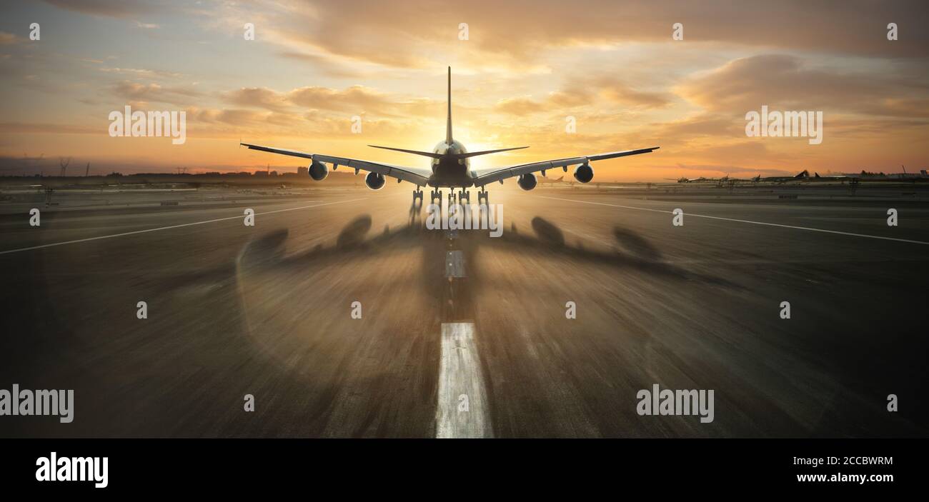 Huge two storeys commercial jetliner taking off runway. Modern and ...