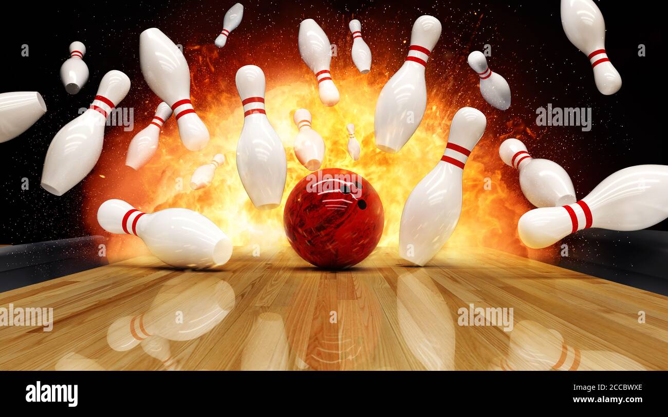 Bowling strike hit with fire explosion. Concept of success and win ...
