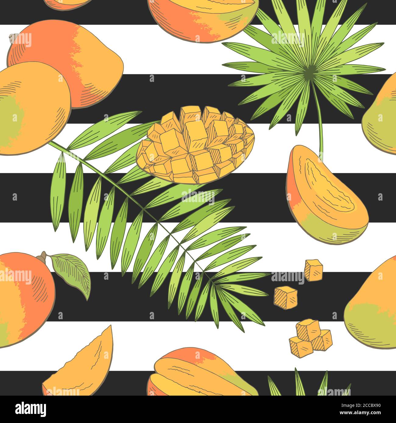 Mango fruit palm leaf graphic color seamless pattern background sketch ...