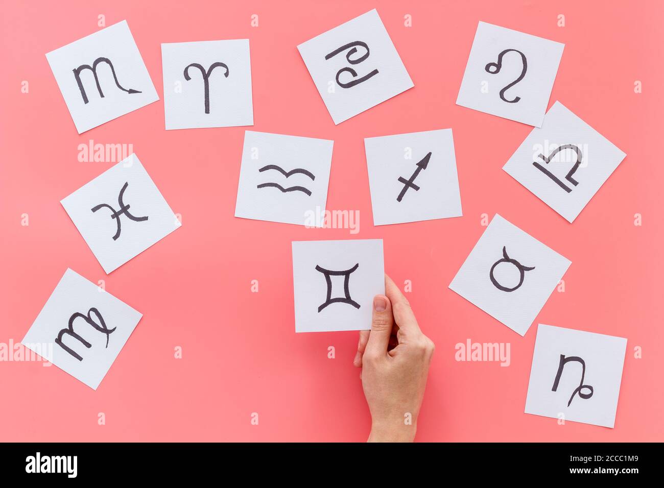 Flat lay of twelve zodiac signs. Horoscope concept, top view Stock ...