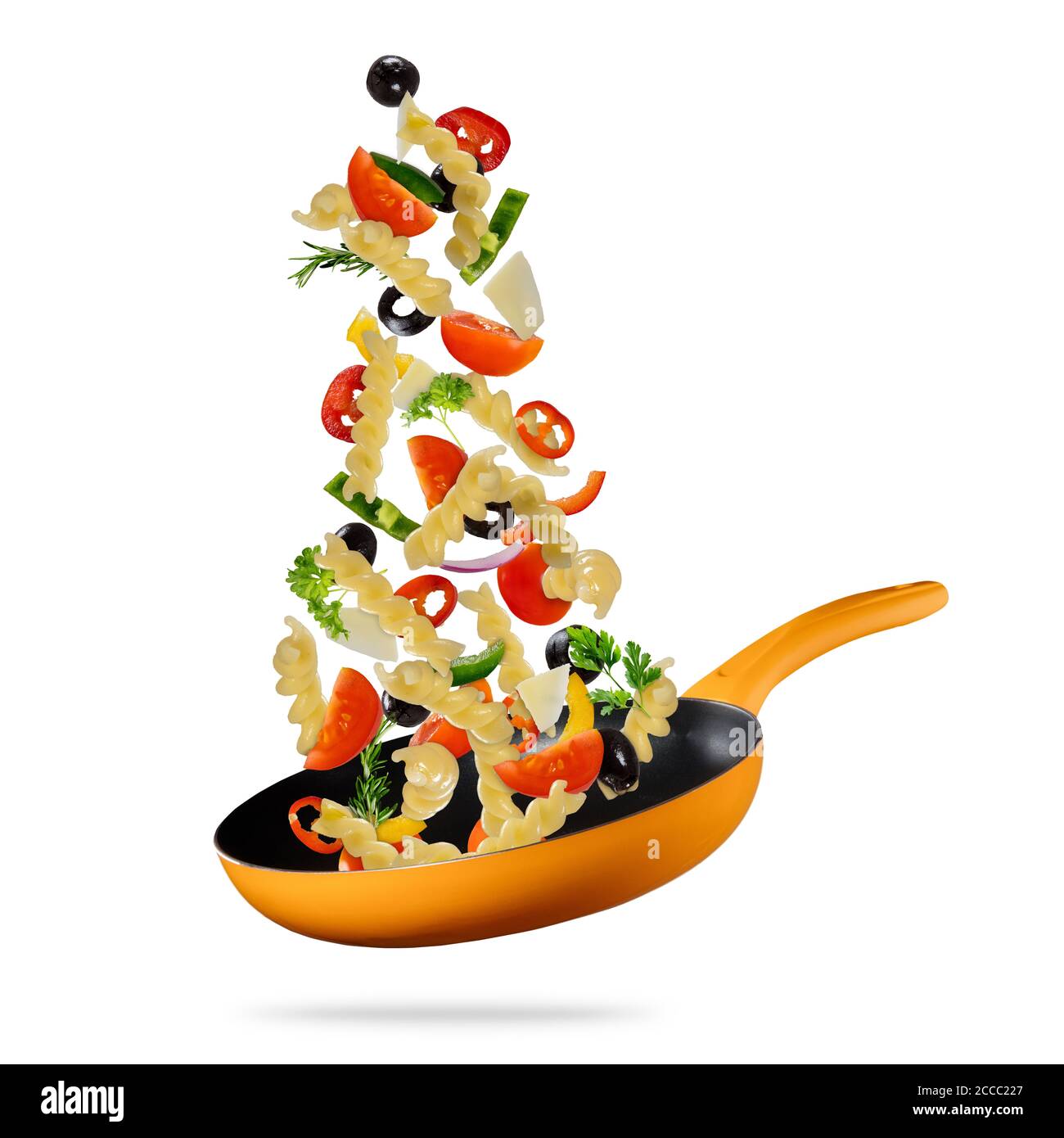 Concept of flying food preparation with traditional italian pasta and ...