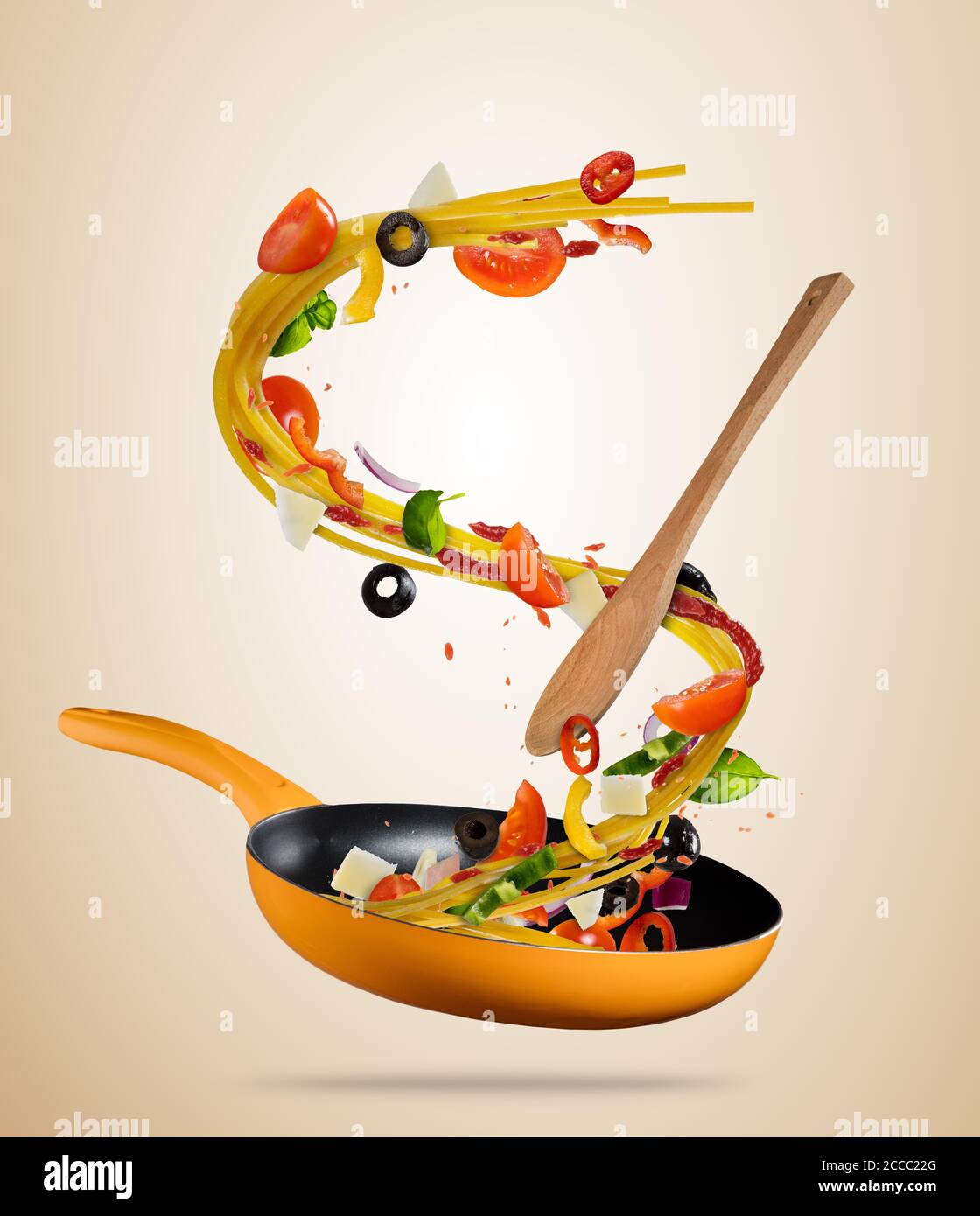 Concept of flying food preparation with traditional italian pasta and ...