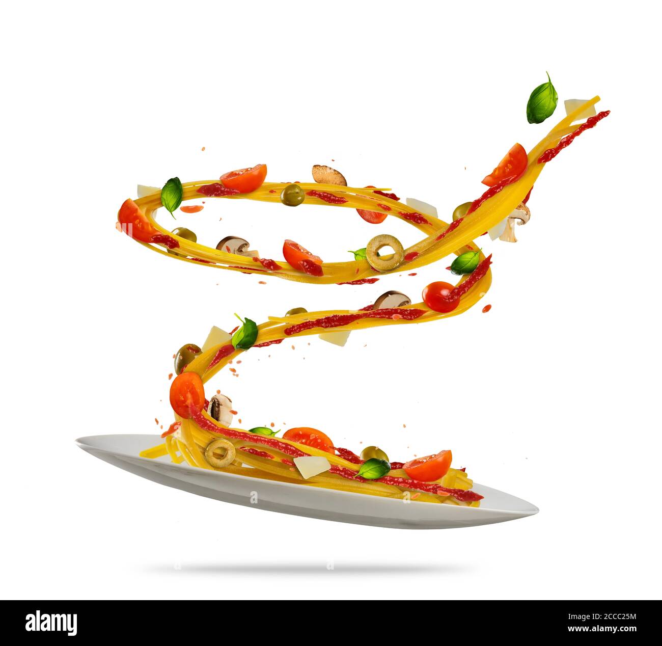 Concept of flying food with plate and traditional italian pasta with ...
