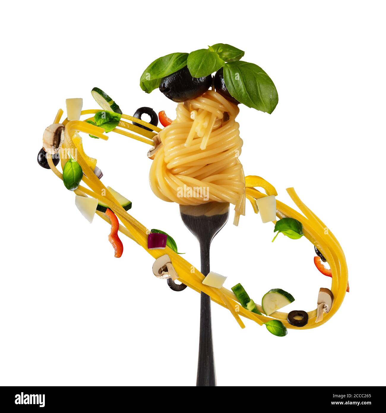 Concept of flying food with fork and traditional italian pasta with ...