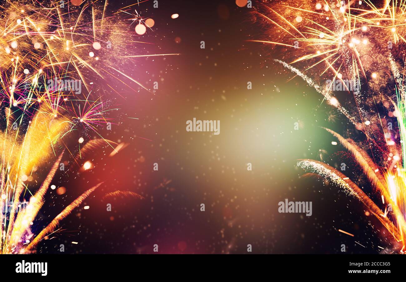 Fireworks explosions isolated on black background. Free space for text ...