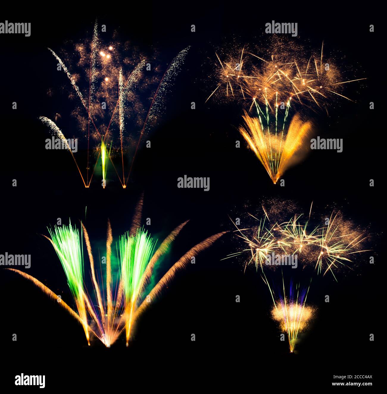Collection of fireworks explosions isolated on black background ...