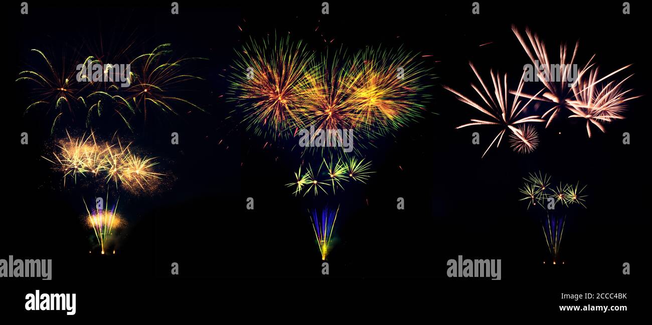 Collection of fireworks explosions isolated on black background ...