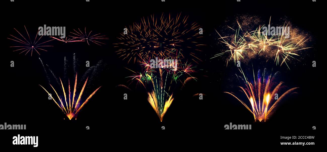 Collection of fireworks explosions isolated on black background ...