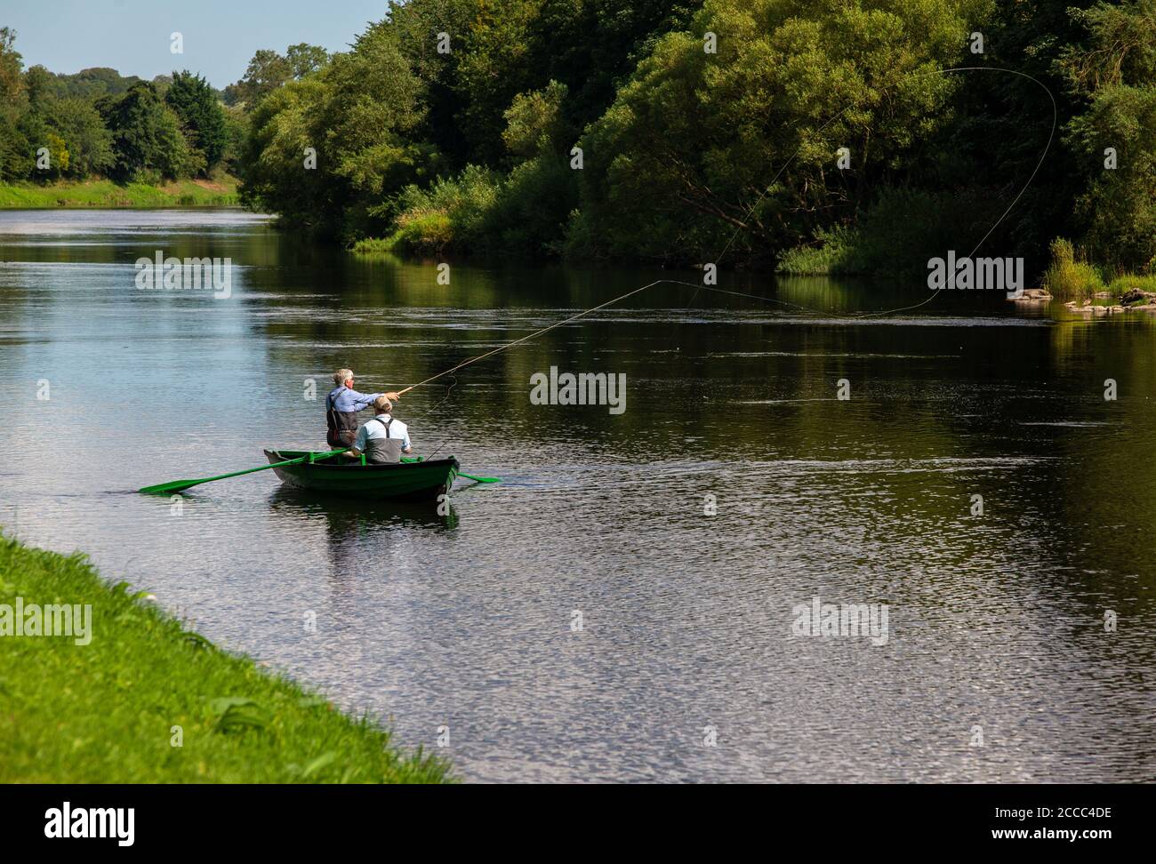 Fly fishing for salmon on the River Tweed near Birgham on the anglo ...
