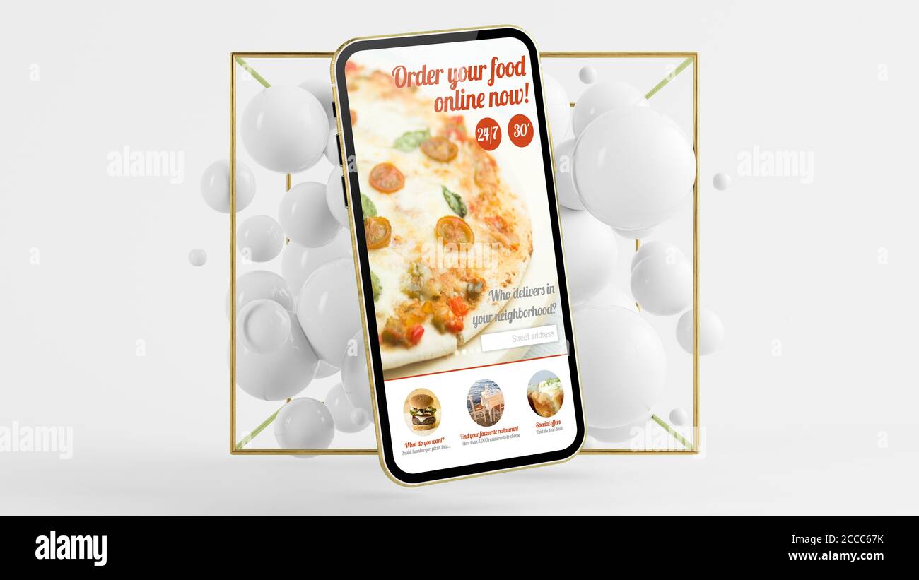 Order food online app on mobile screen with abstract bubbles background ...