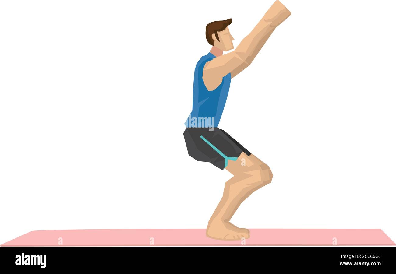 Illustration of a strong man practicing yoga with a chair pose. Concept ...