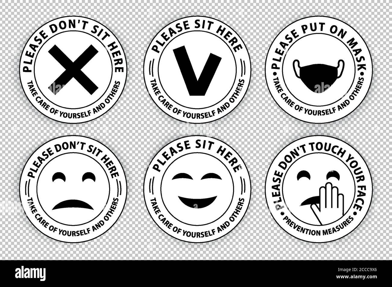 Warning signs on transparent background.. Keep distance between people ...