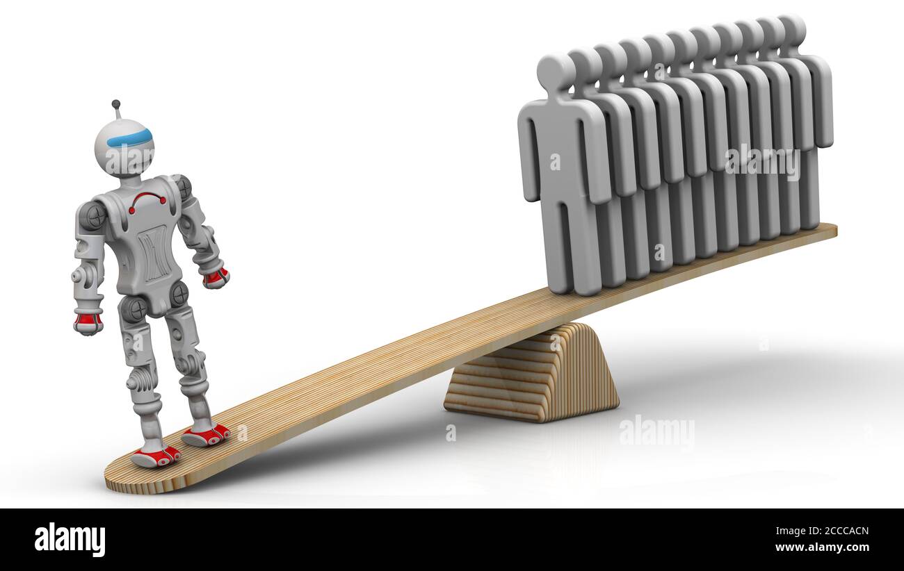 One robot weighed on the scales with a group of gray human symbols. The ...