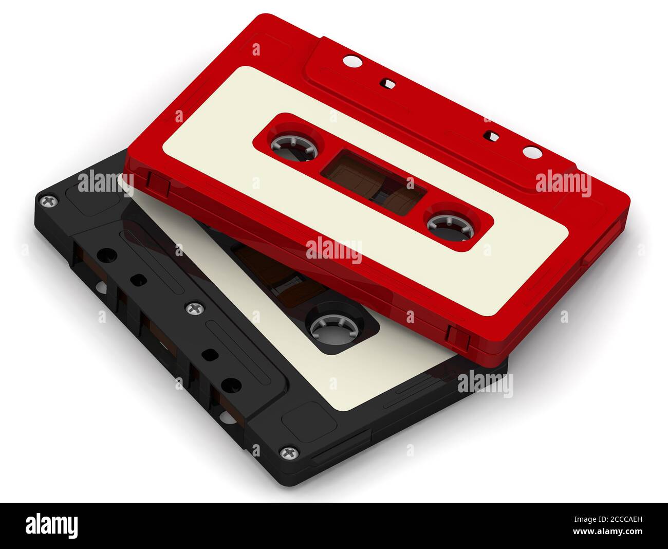 Audio cassettes. Black and red audio cassettes lying on white surface ...