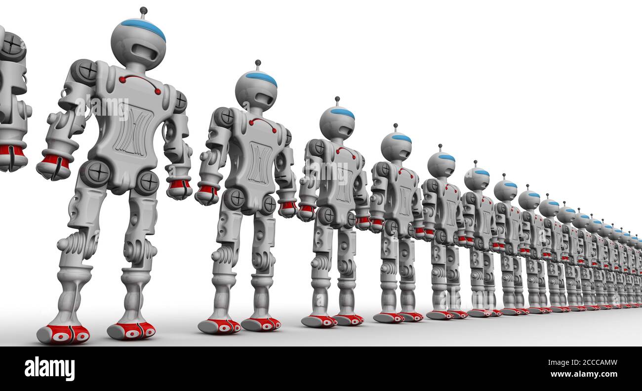 Humanoid Robots Humanoid Robots Standing In A Row On A White Surface