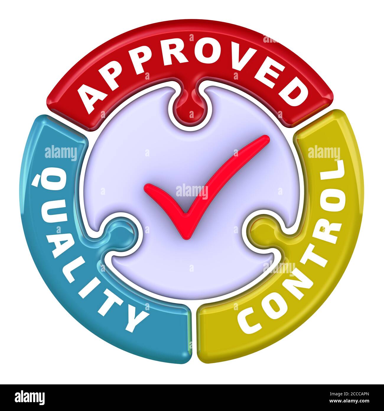 The inscription QUALITY CONTROL APPROVED on the puzzle in the shape of ...