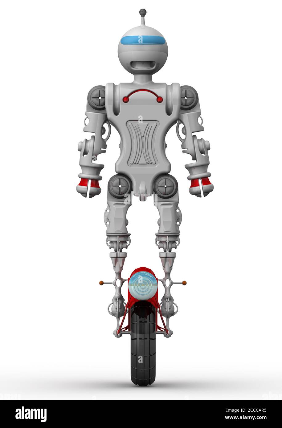 Robot on unicycle. Humanoid robot on unicycle standing on a white ...