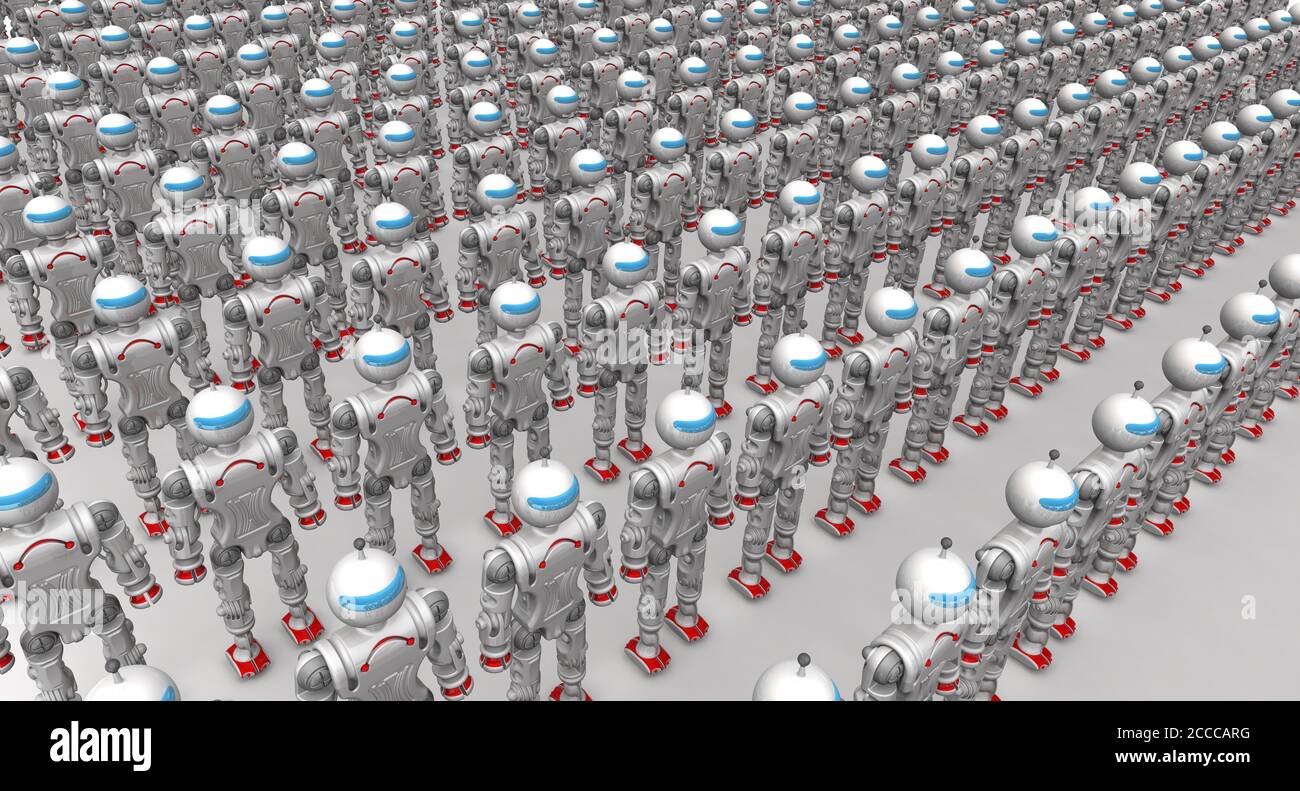 Cyborg Or Humanoid Robots Standing In A Row On A White Surface 3d