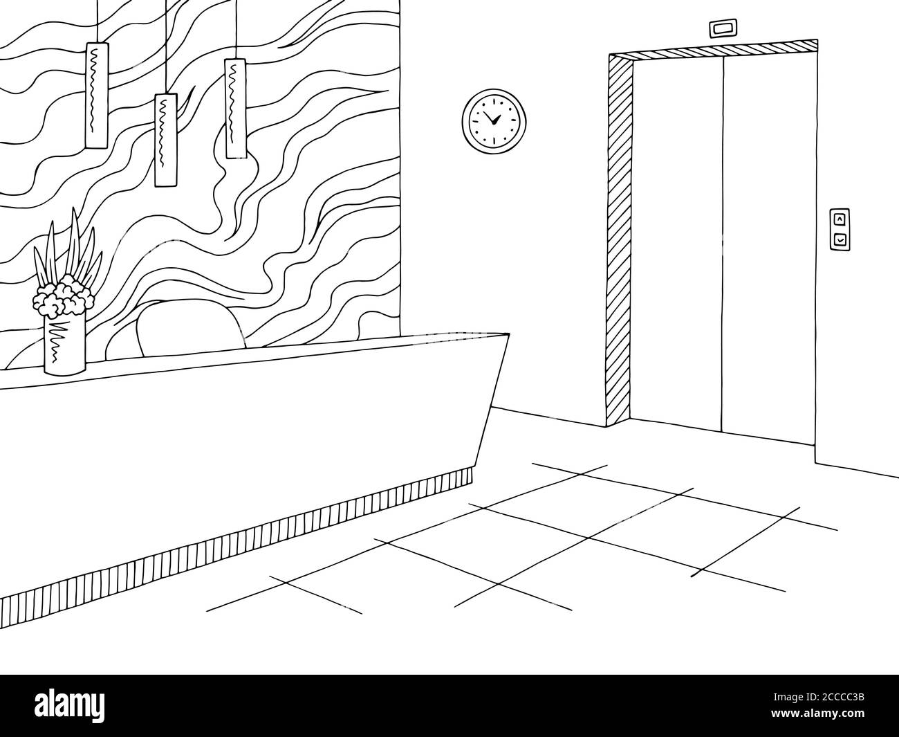 Reception lobby interior graphic black white sketch illustration vector ...
