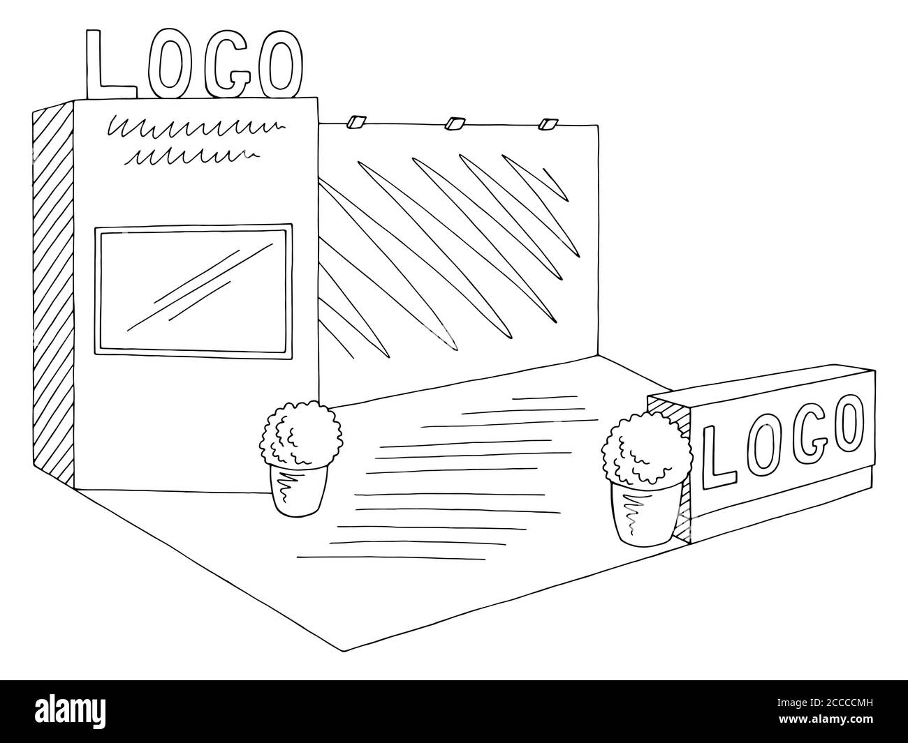 Exhibition stand graphic interior black white sketch illustration ...
