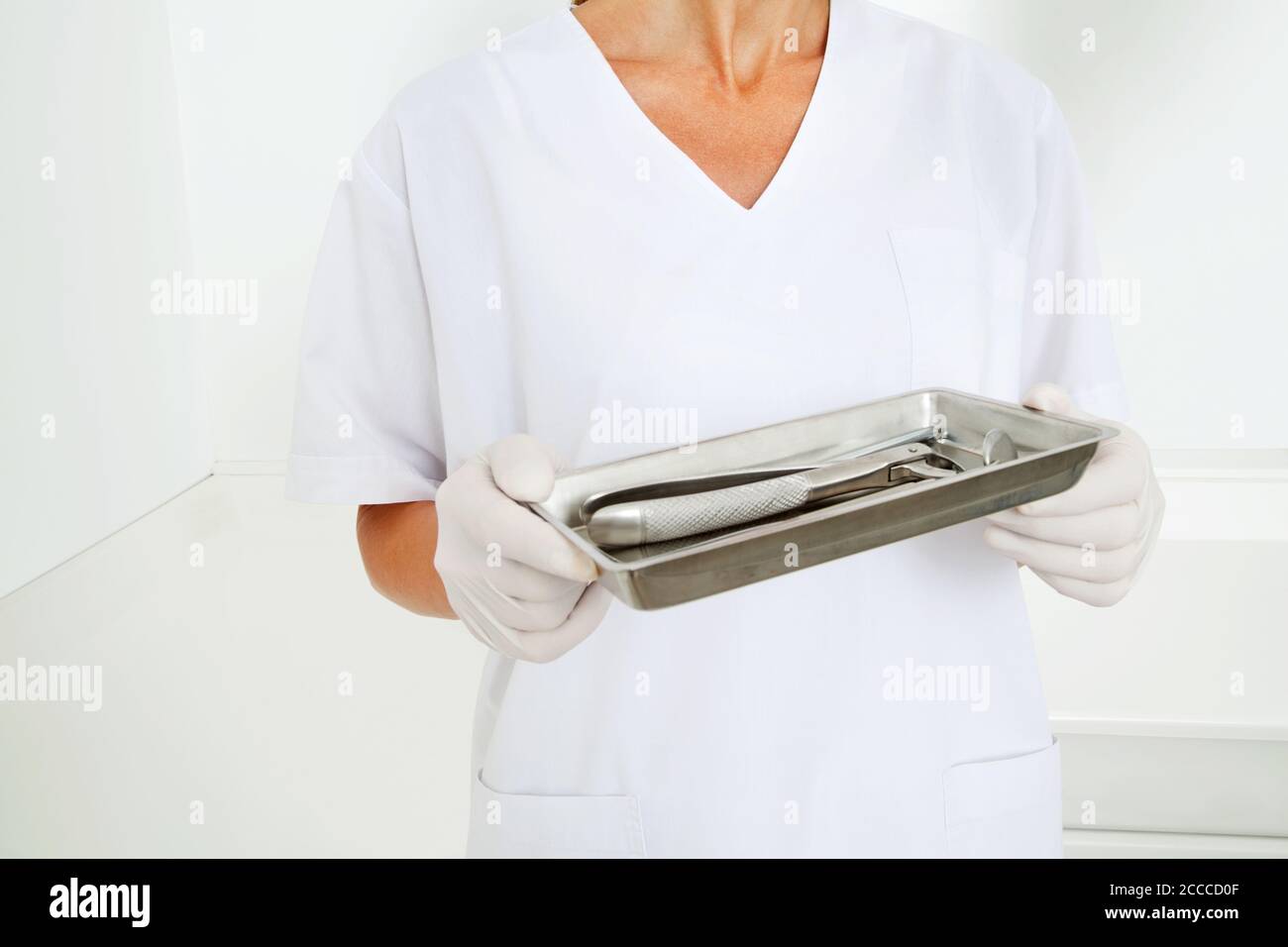 Dental assistant puts instruments like pliers and mirrors in bowls ...