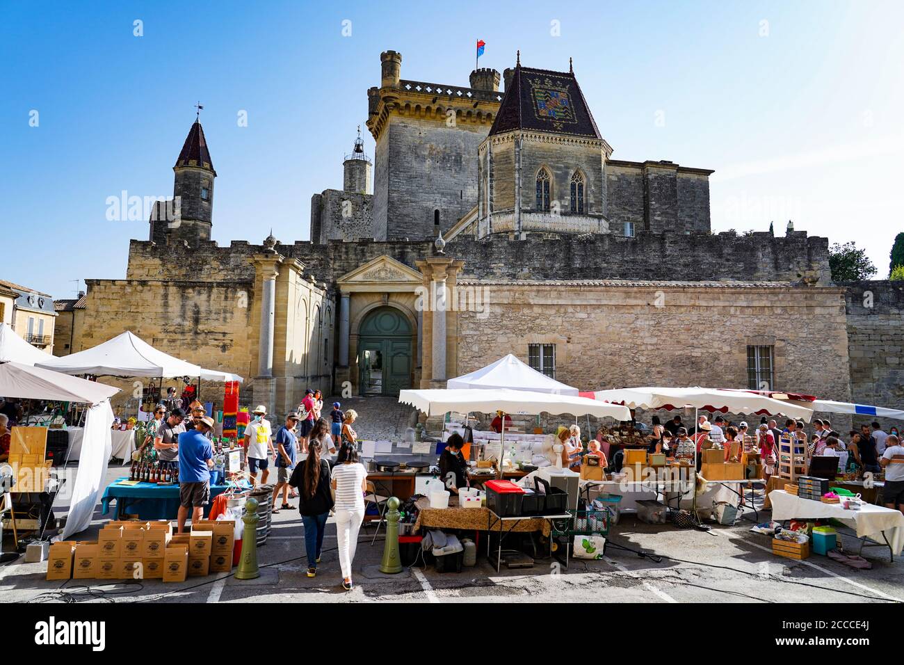 France. Gard (30) Uzes. Market in front of the Ducal castle known as ...