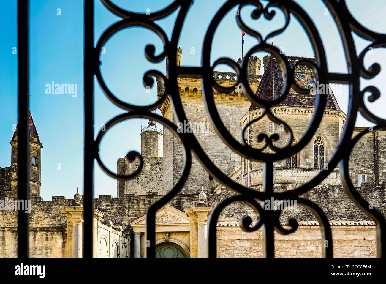 France. Gard (30) The city of Uzes. Ducal castle seen through a grid ...