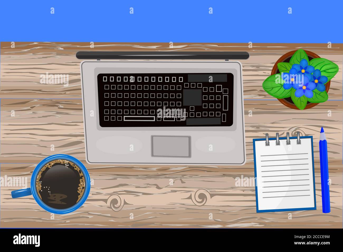 Top view workplace. Wooden table with laptop, notebook, pencil, coffee ...