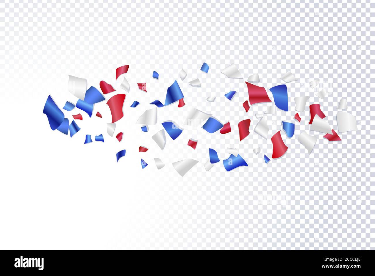 Red, white, blue glossy confetti flying on white. Flying tinsel ...