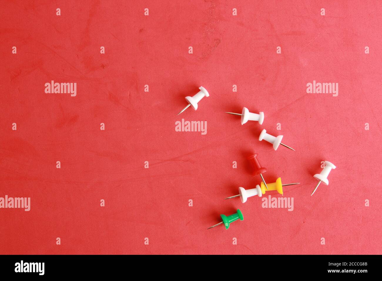 Flat lay of colorful plastic thumbtacks on a red background Stock Photo ...