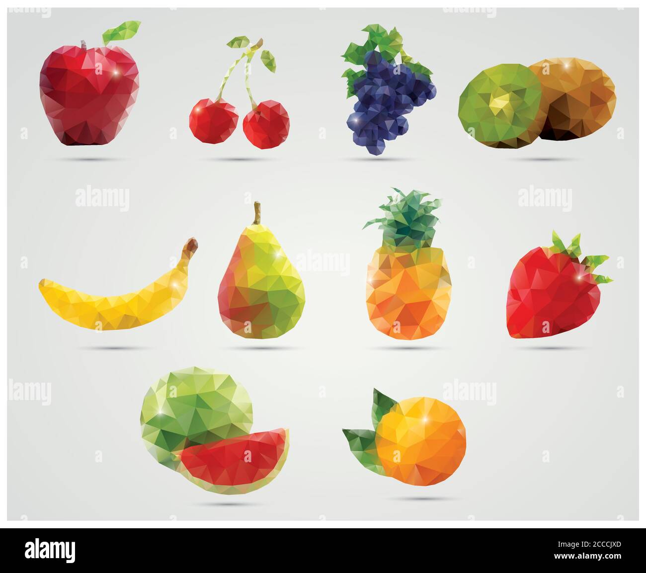 Collection of geometric polygonal fruits, triangles, apple, cherries ...