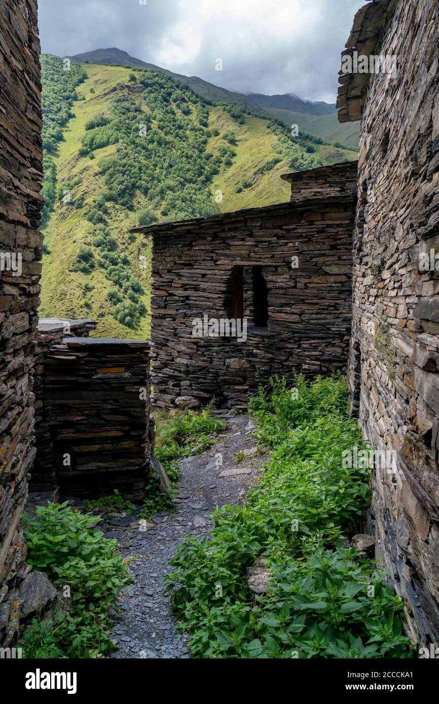 Ruined medieval village and fortress Mutso. Khevsureti, Georgia Stock ...