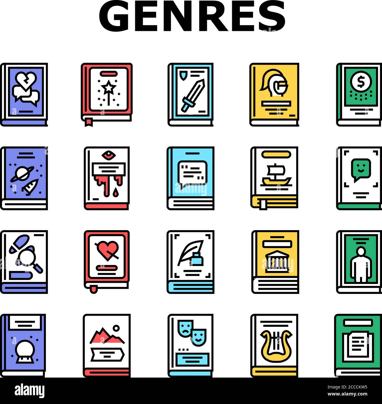 Literary Genres Books Collection Icons Set Vector Stock Vector Image ...