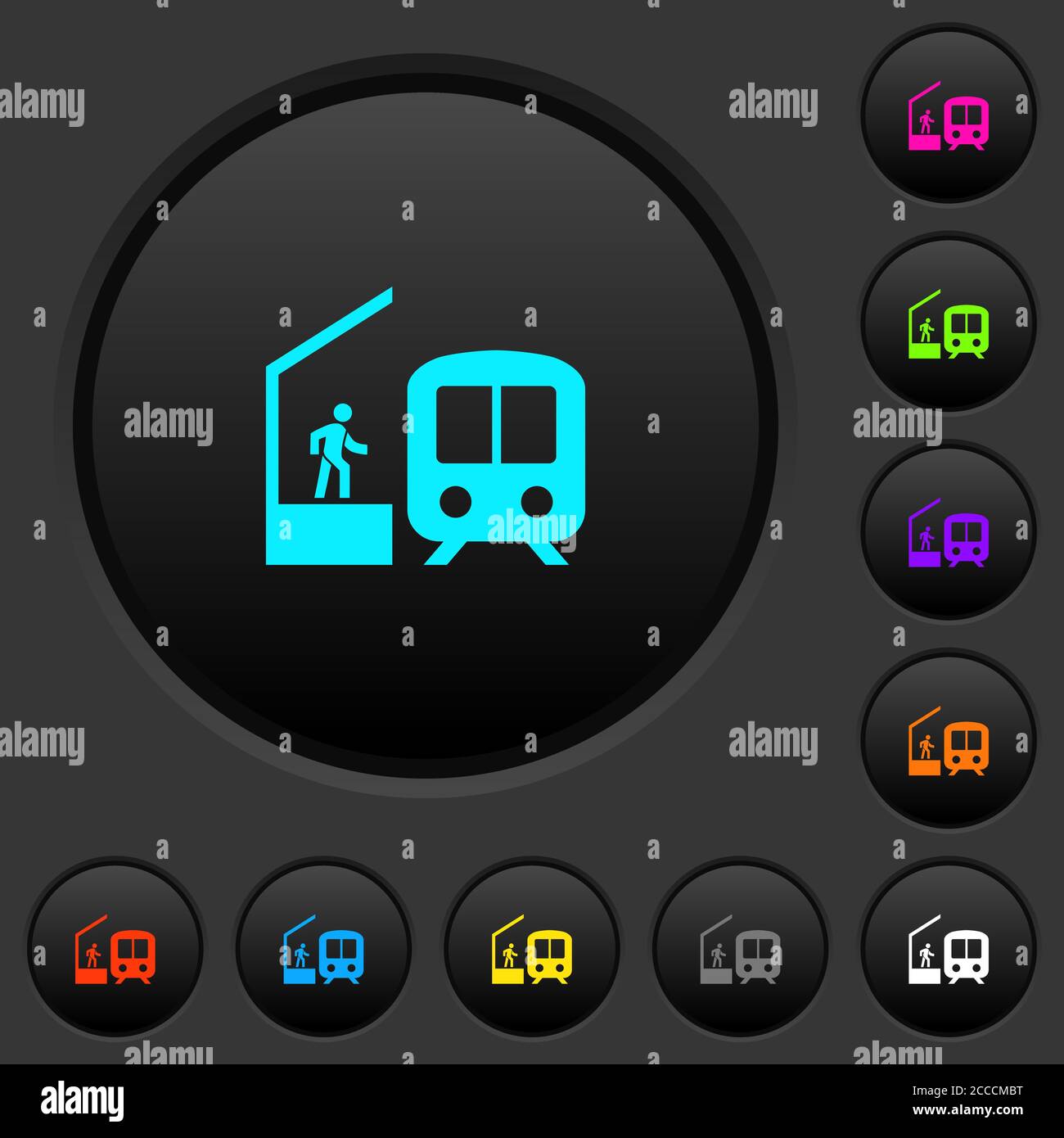 Train station dark push buttons with vivid color icons on dark grey ...