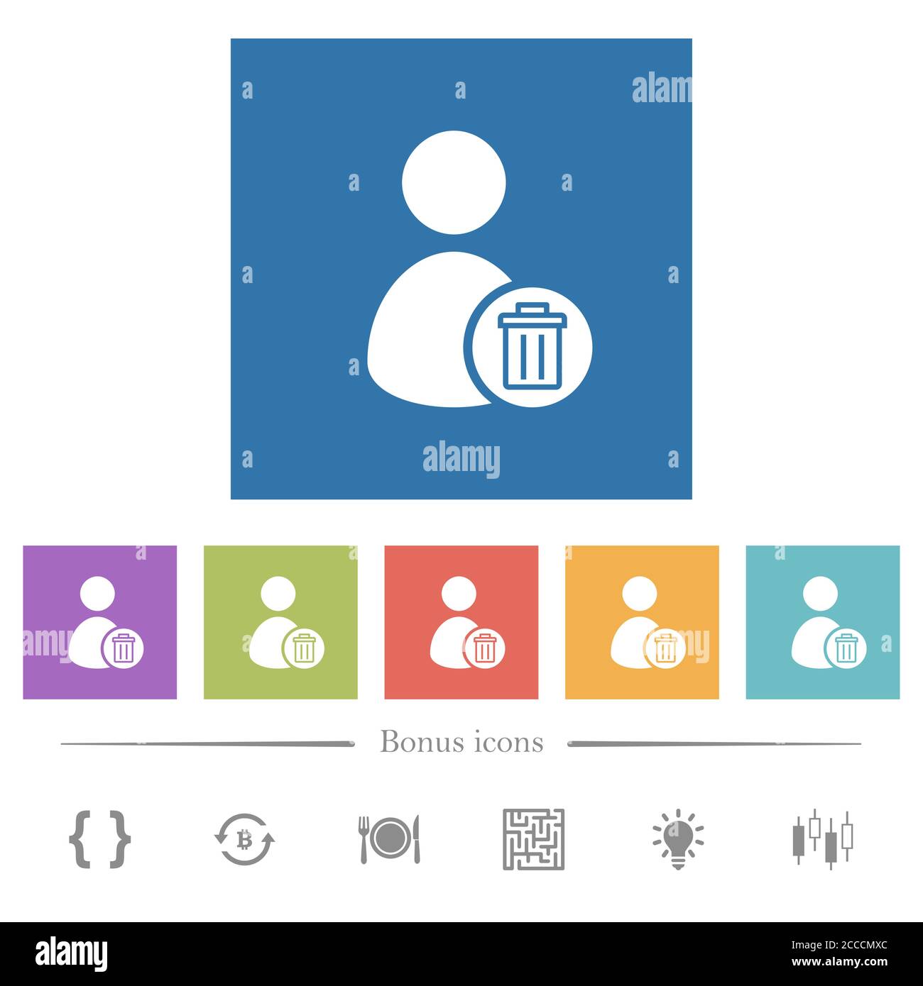 Delete user account flat white icons in square backgrounds. 6 bonus ...
