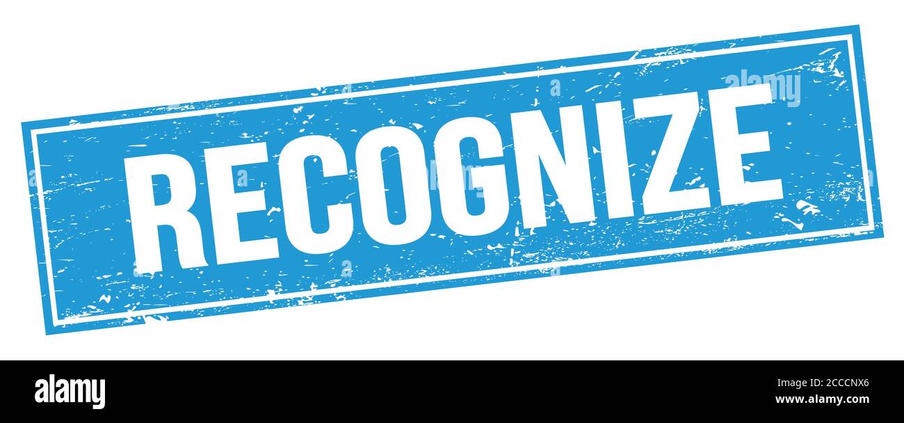 RECOGNIZE text on blue grungy rectangle stamp sign Stock Photo - Alamy