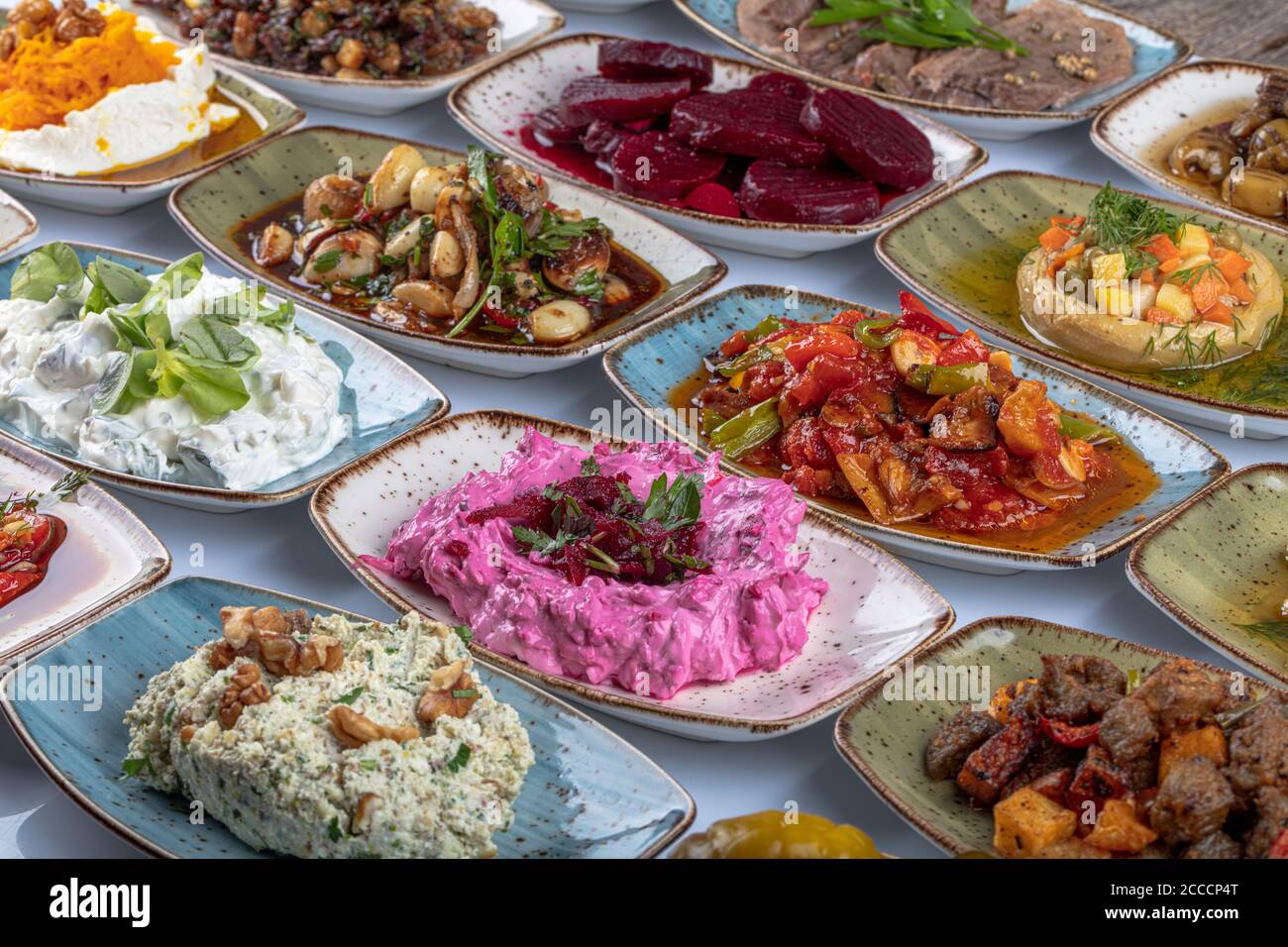 Traditional Turkish and Greek dinner meze table. Turkish Cuisine Cold ...