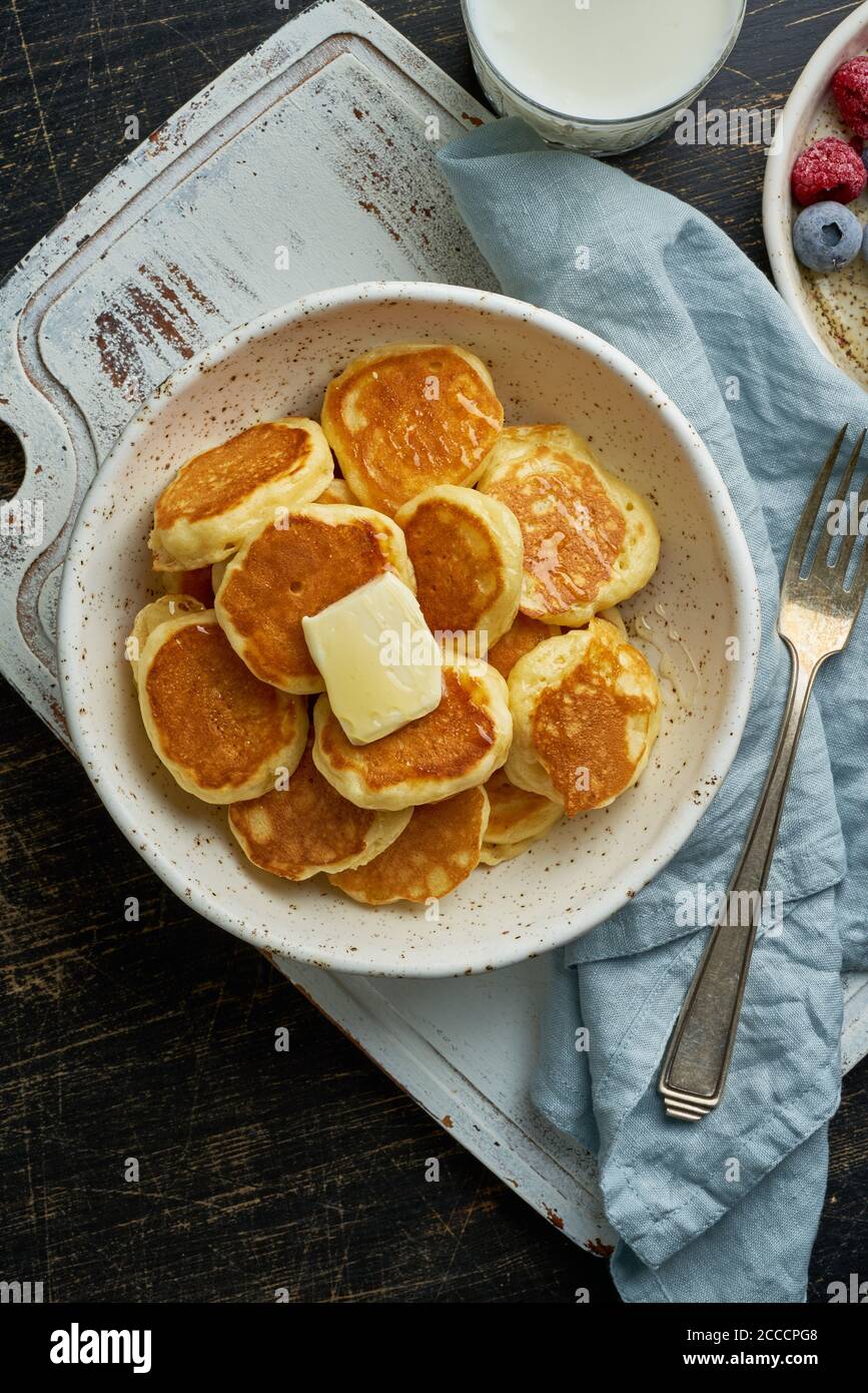 Pancakes cereal, tiny thin funny crumpet, children's food. Breakfast ...
