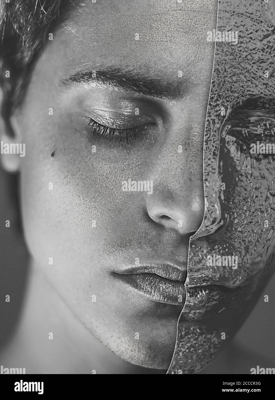 Close portrait of a young man with half of his face covered by a mask ...