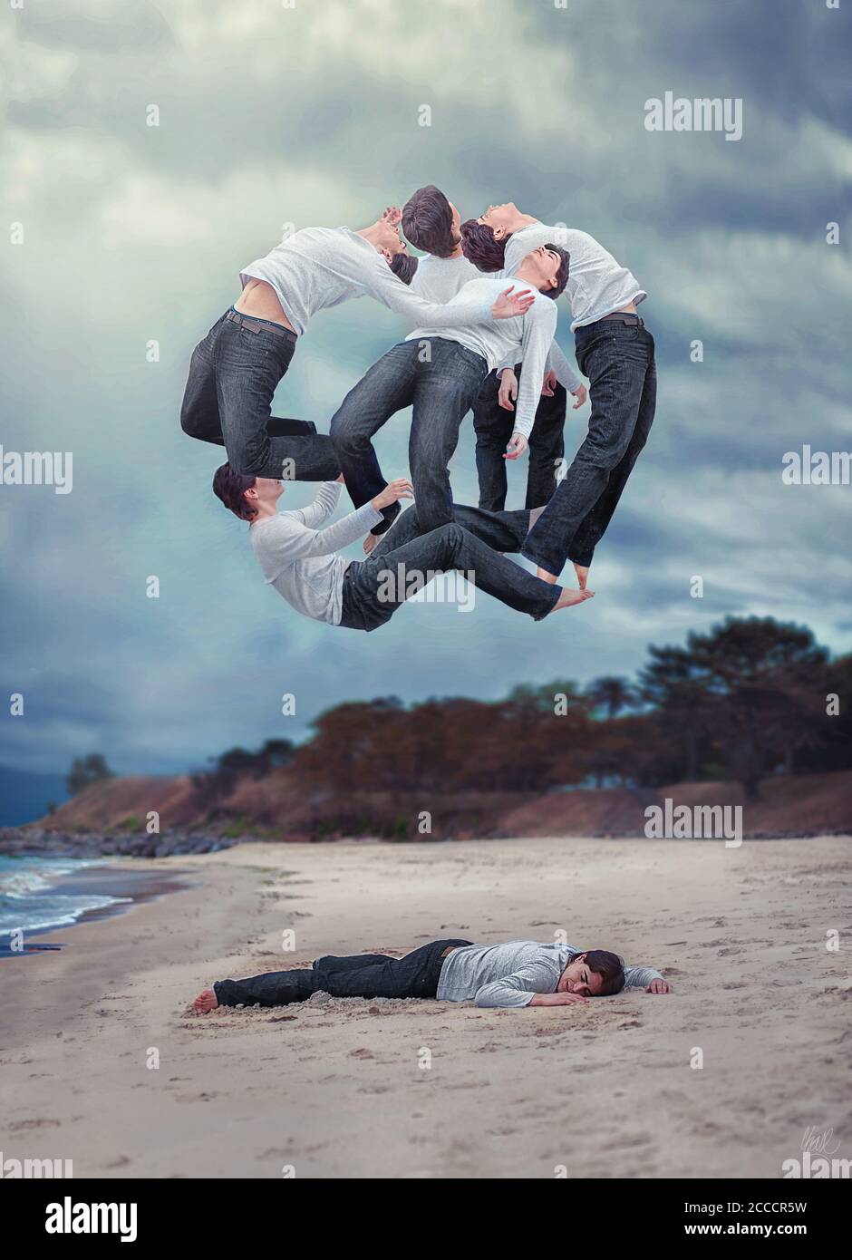 Group of people floating on an orb, with one of them laying on the ...