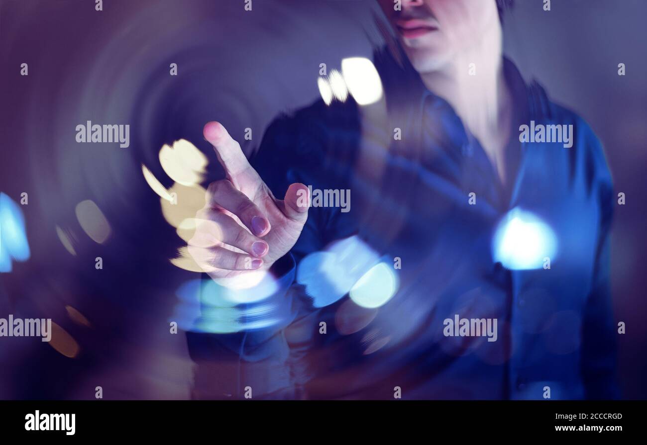 One figure apparently touching the screen going through it, and ...