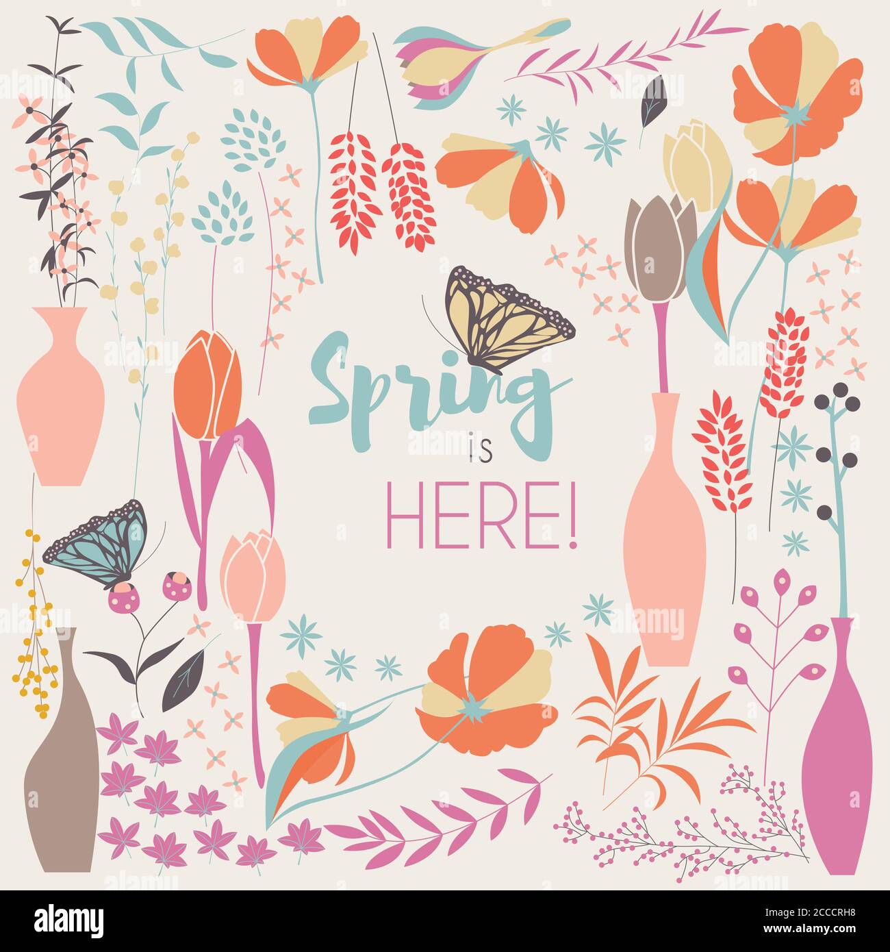 Floral spring card design, with hand drawn flowers, floral elements and ...