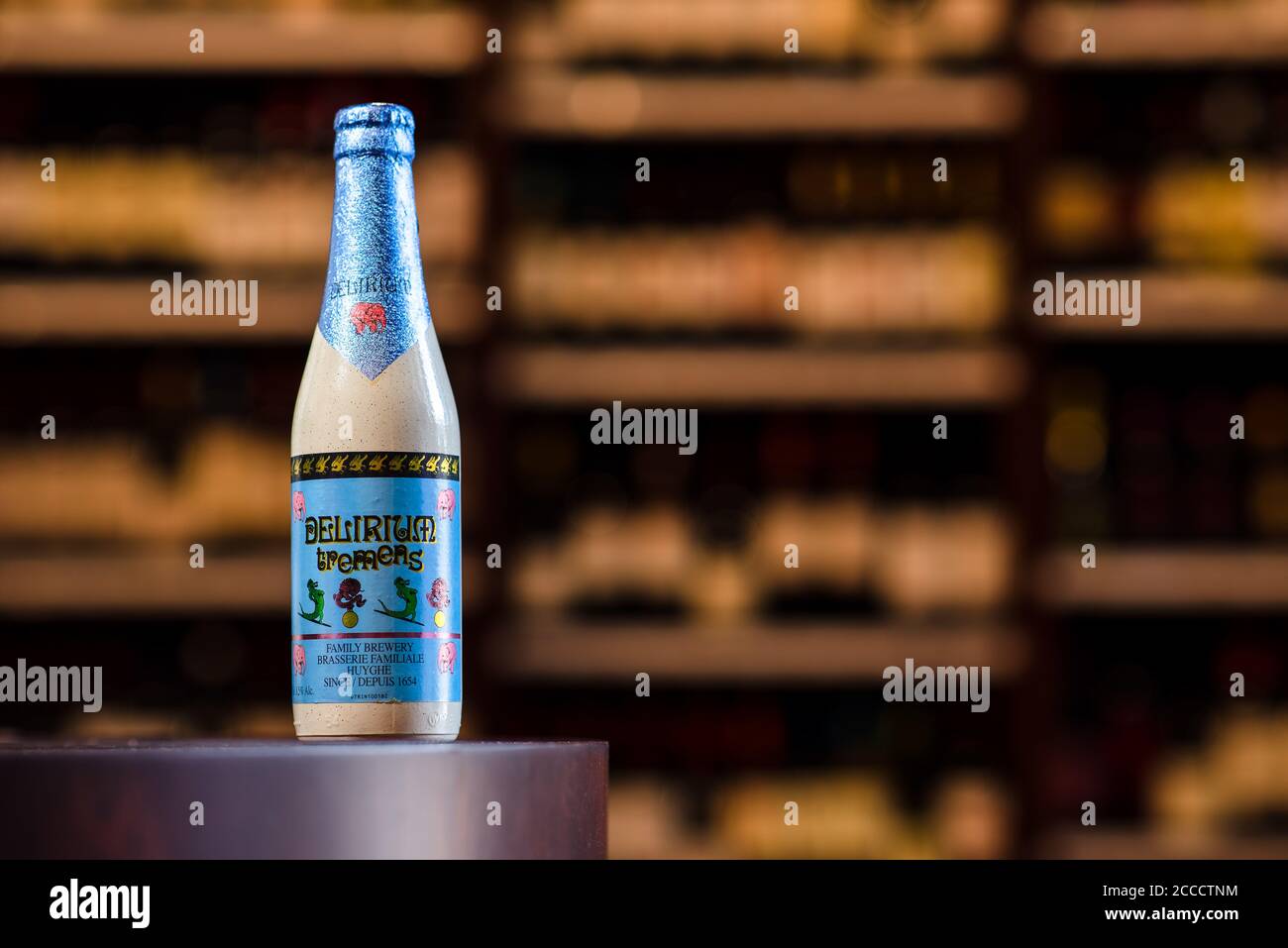 SAN PEDRO SULA, HONDURAS - Jul 22, 2020: Delirium beer with wall of ...