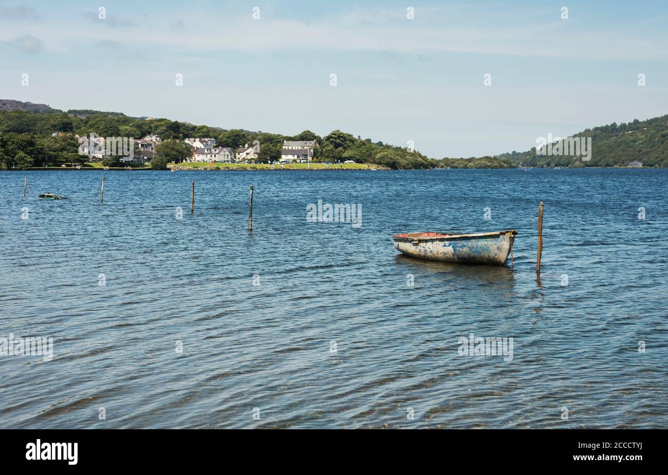 An old canoe on the lake Llyn Padarn in the National Park of North ...