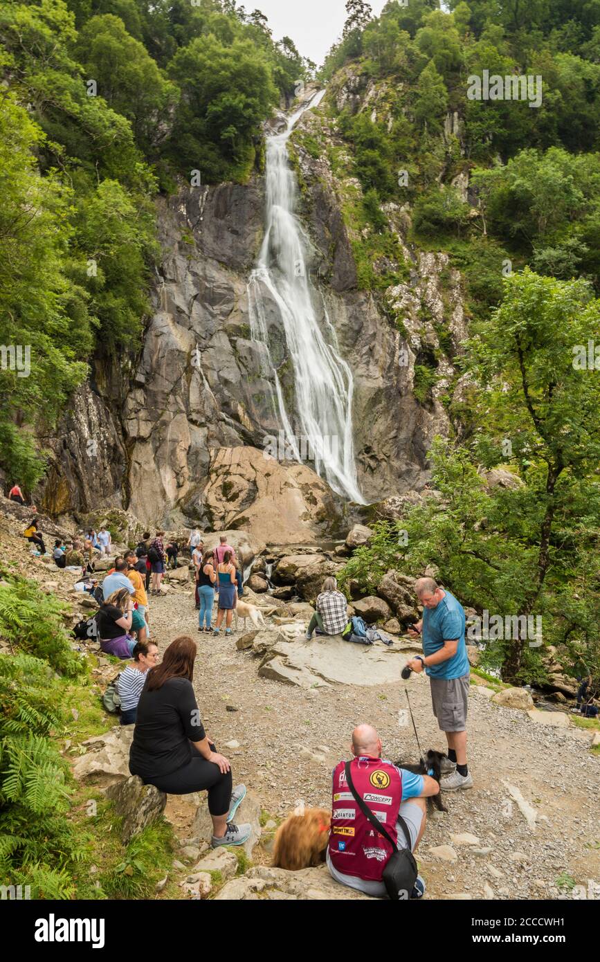 People enjoying a day out at the popular Aber Falls (Rhaeadr Fawr ...