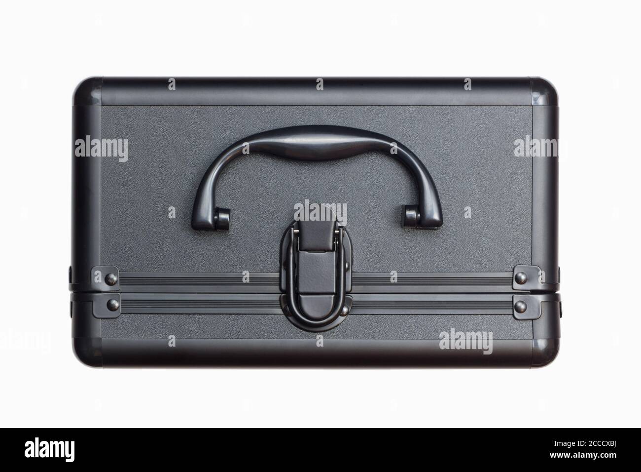 Black luxury plastic suitcase isolated on white background, top view ...