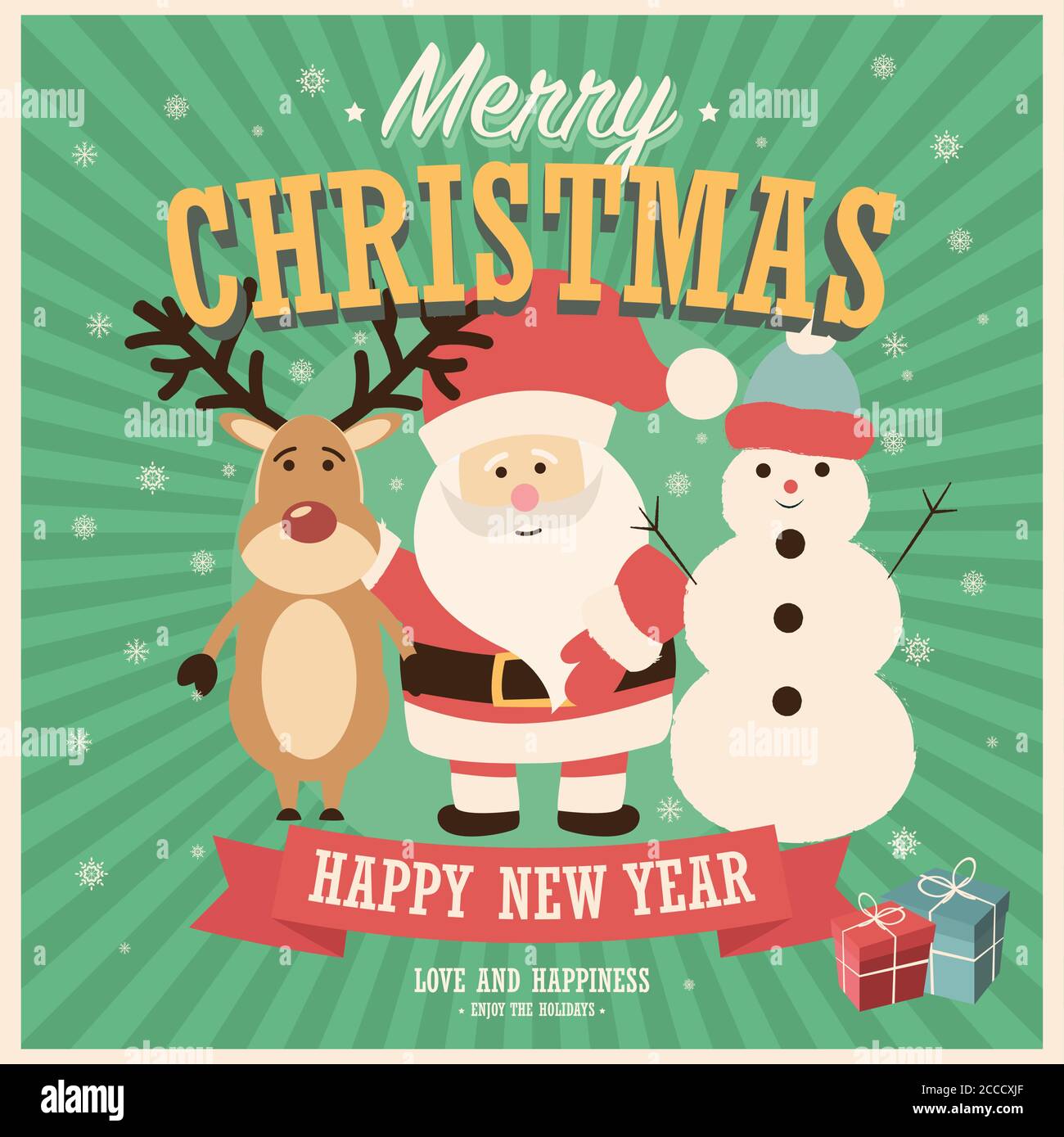 Merry Christmas card with Santa Claus, snowman and reindeer with gift ...
