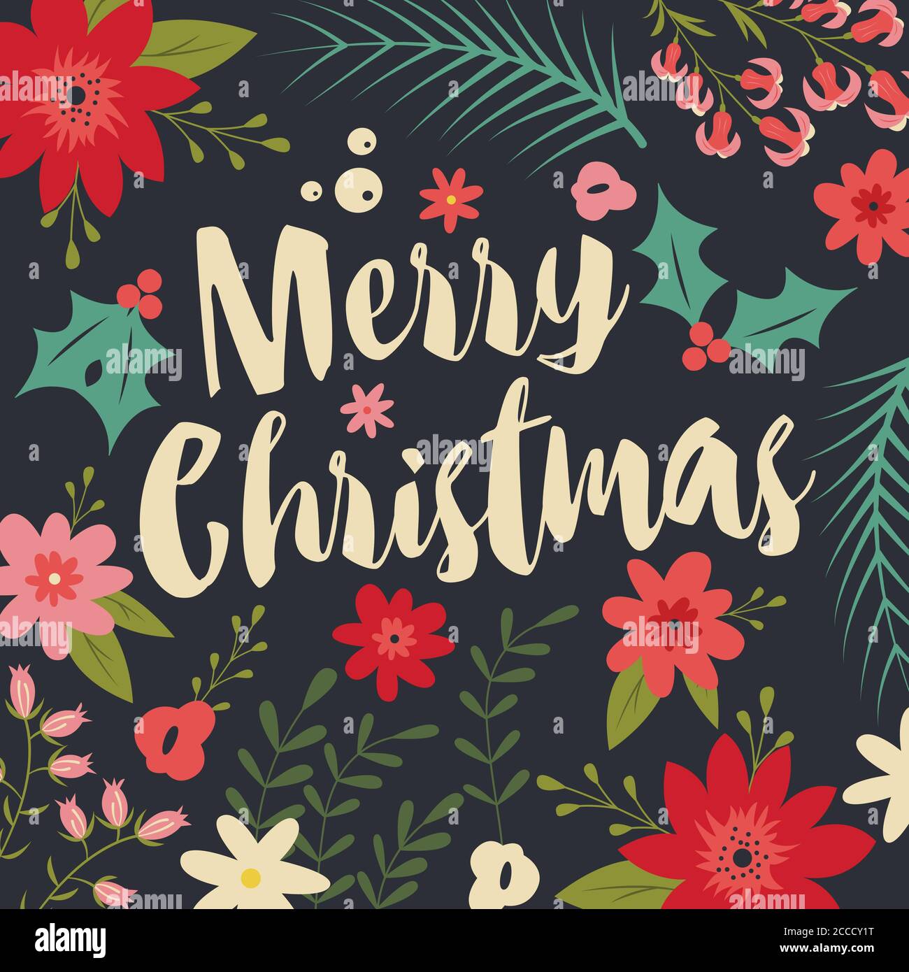 Typographic Merry Christmas card with floral decorative elements ...