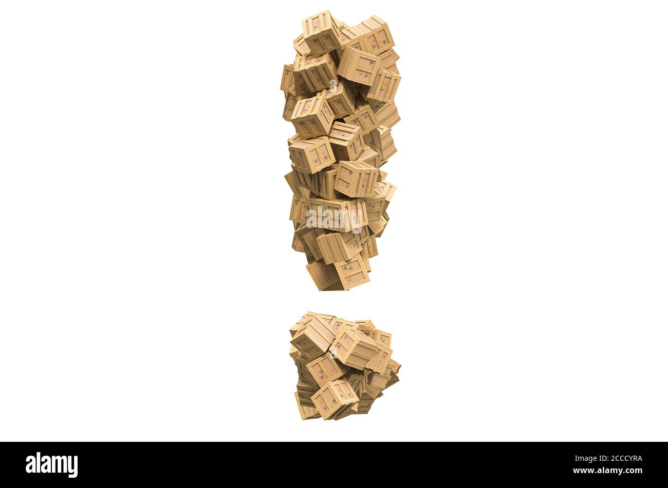 Exclamation mark from wooden boxes. 3D rendering isolated on white ...