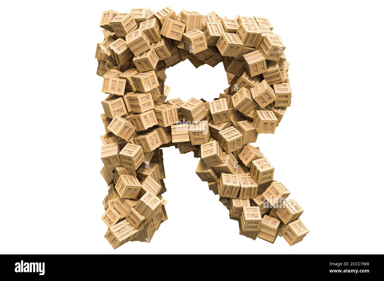 Letter R from wooden boxes. 3D rendering isolated on white background ...